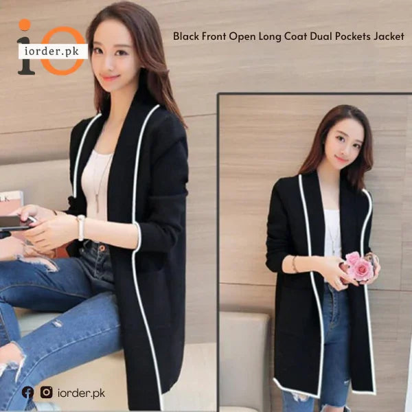 Black Front Open Long Coat Dual Pockets Jacket – iorder.pk