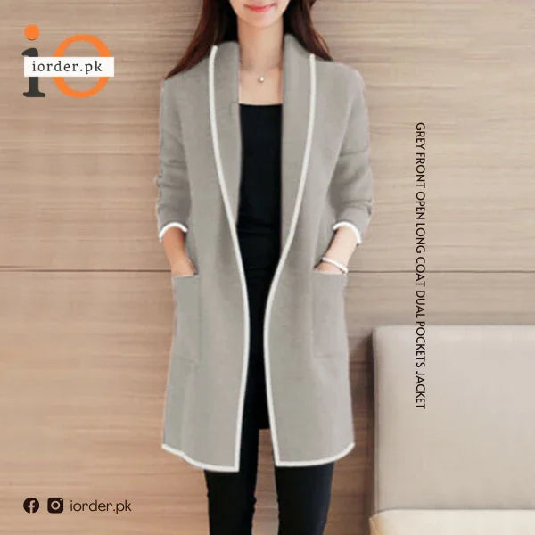 Grey Front Open Long Coat Dual Pockets Jacket – iorder.pk